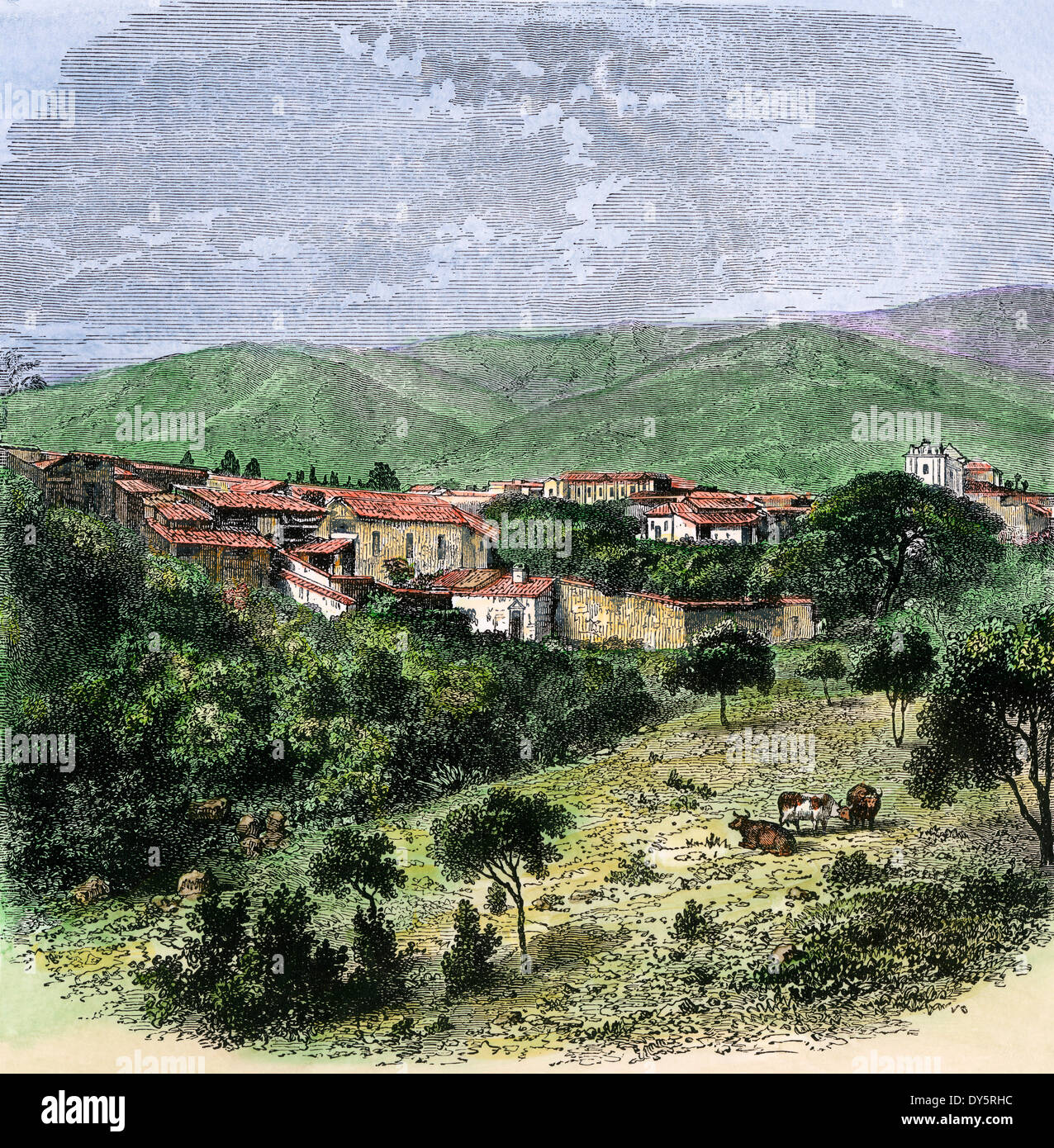 Caracas, the capital of Venezuela, circa 1880. Hand-colored woodcut ...