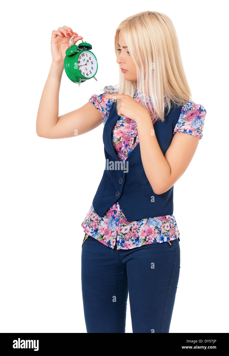 Girl with alarm clock Stock Photo - Alamy