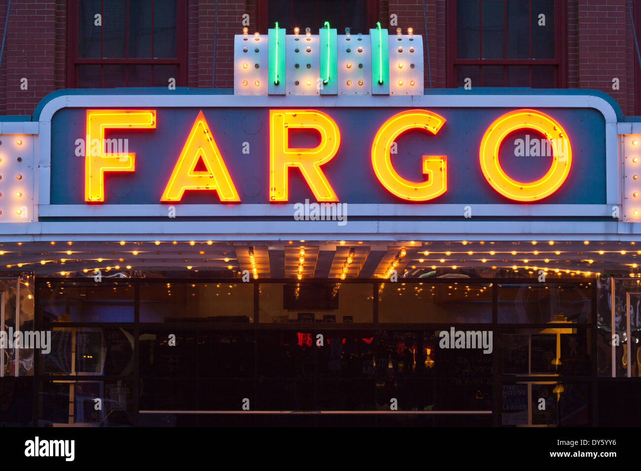 USA, North Dakota, Fargo, Fargo Theater, marquee, evening Stock Photo ...