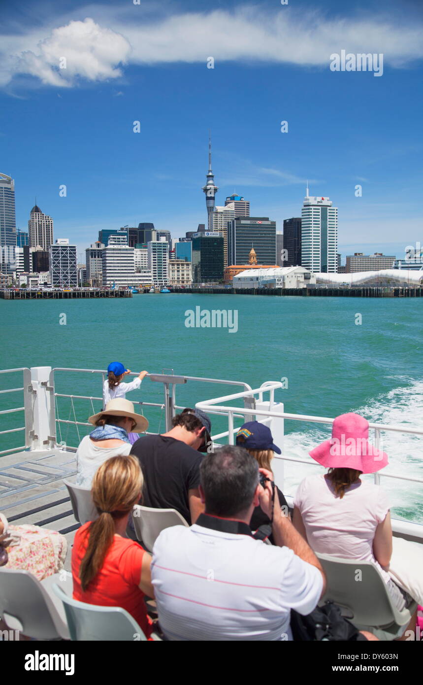 Passengers on ferry departing Waitemata Harbour, Auckland, North Island ...