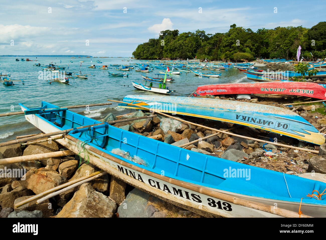 Outrigger fishing boats on the east side of the isthmus at this south ...