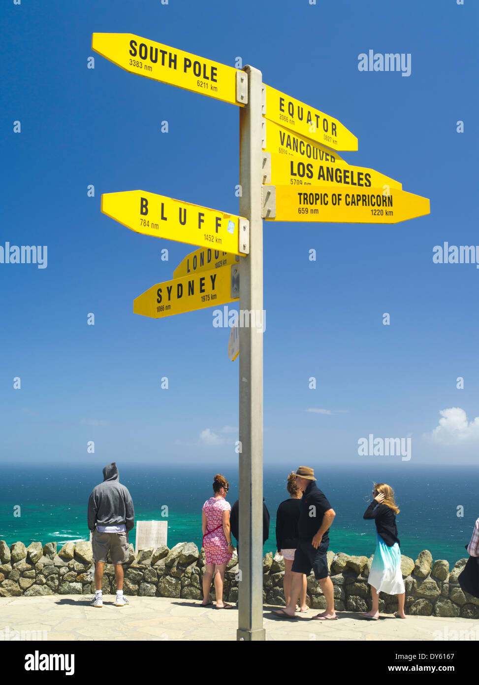 View of the signpost at Cape Reinga Lighthouse, furthest north point in ...
