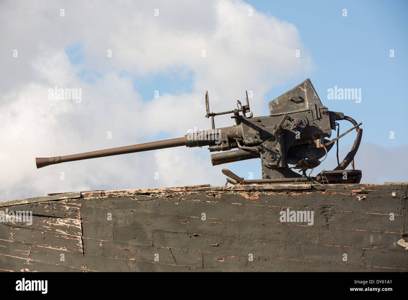 A machine gun on the prow of an old Argentinian Naval vessel in the ...