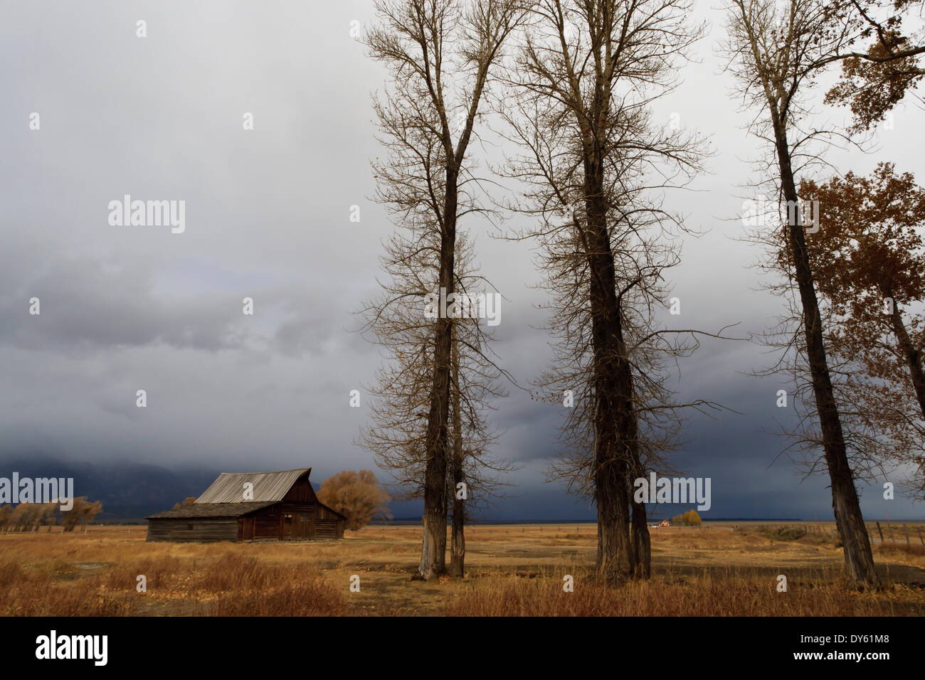 Autumn (fall) storm approaches, Mormon Row barn, Antelope Flats, Grand ...