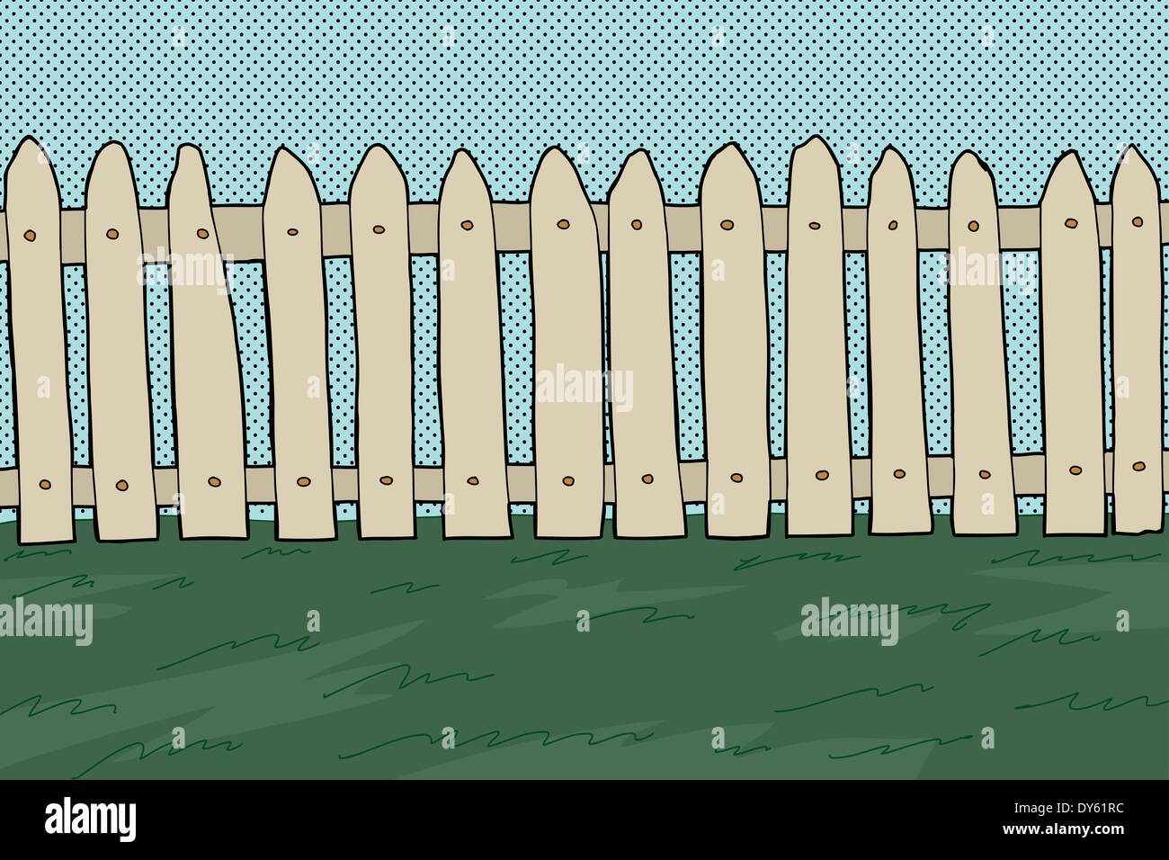 Wooden fence and grass over comic blue background Stock Photo - Alamy