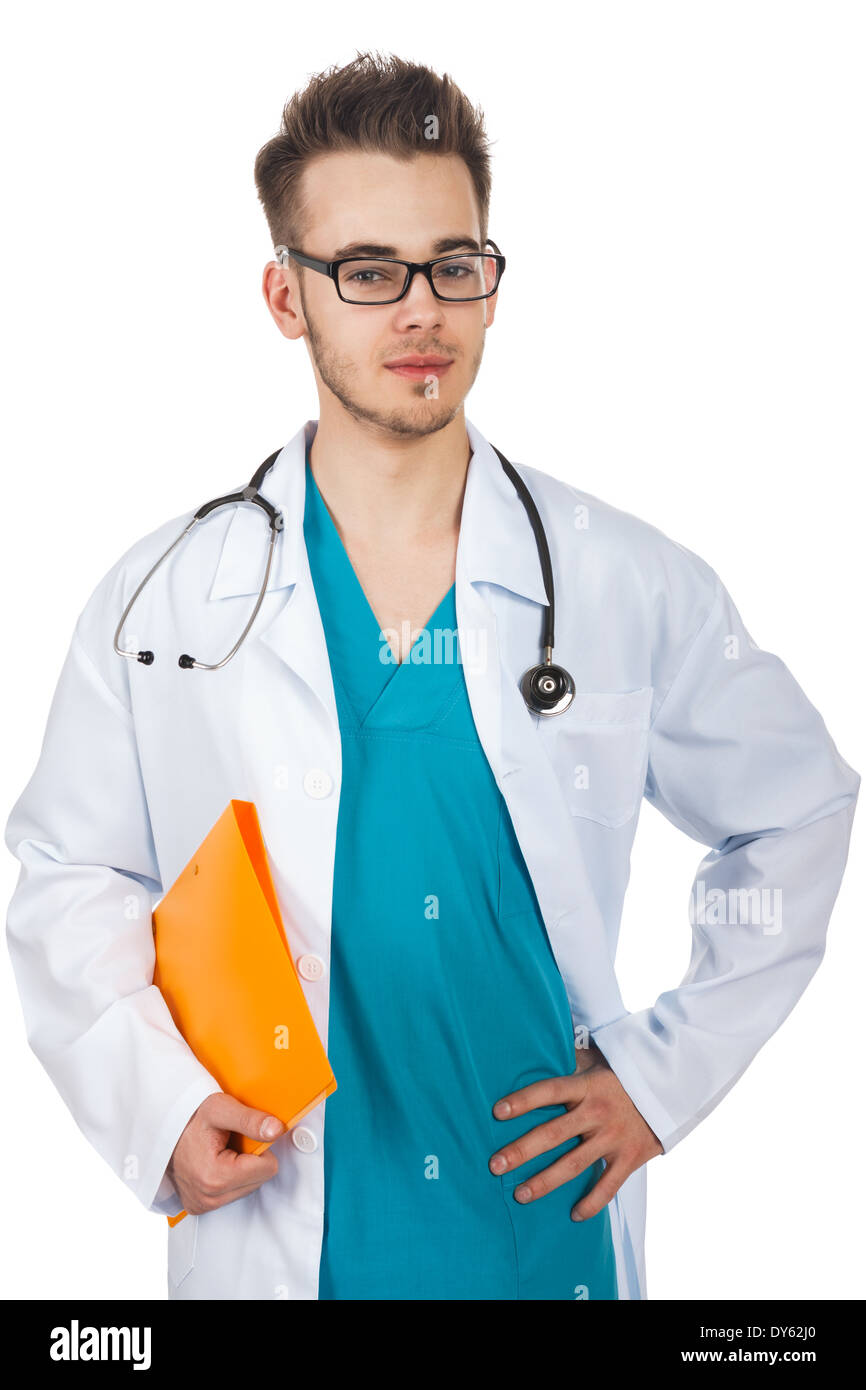 a young man wearing scrubs an white coat isolated on white Stock Photo ...