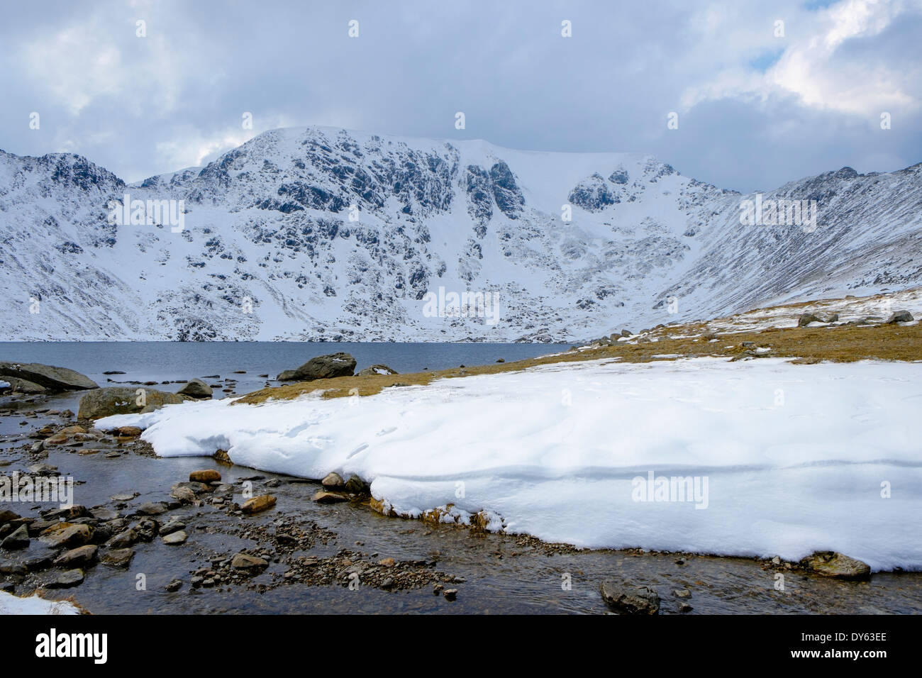 Helvellyn from Red Tarn with Swirral and Striding Edge in mountains of ...