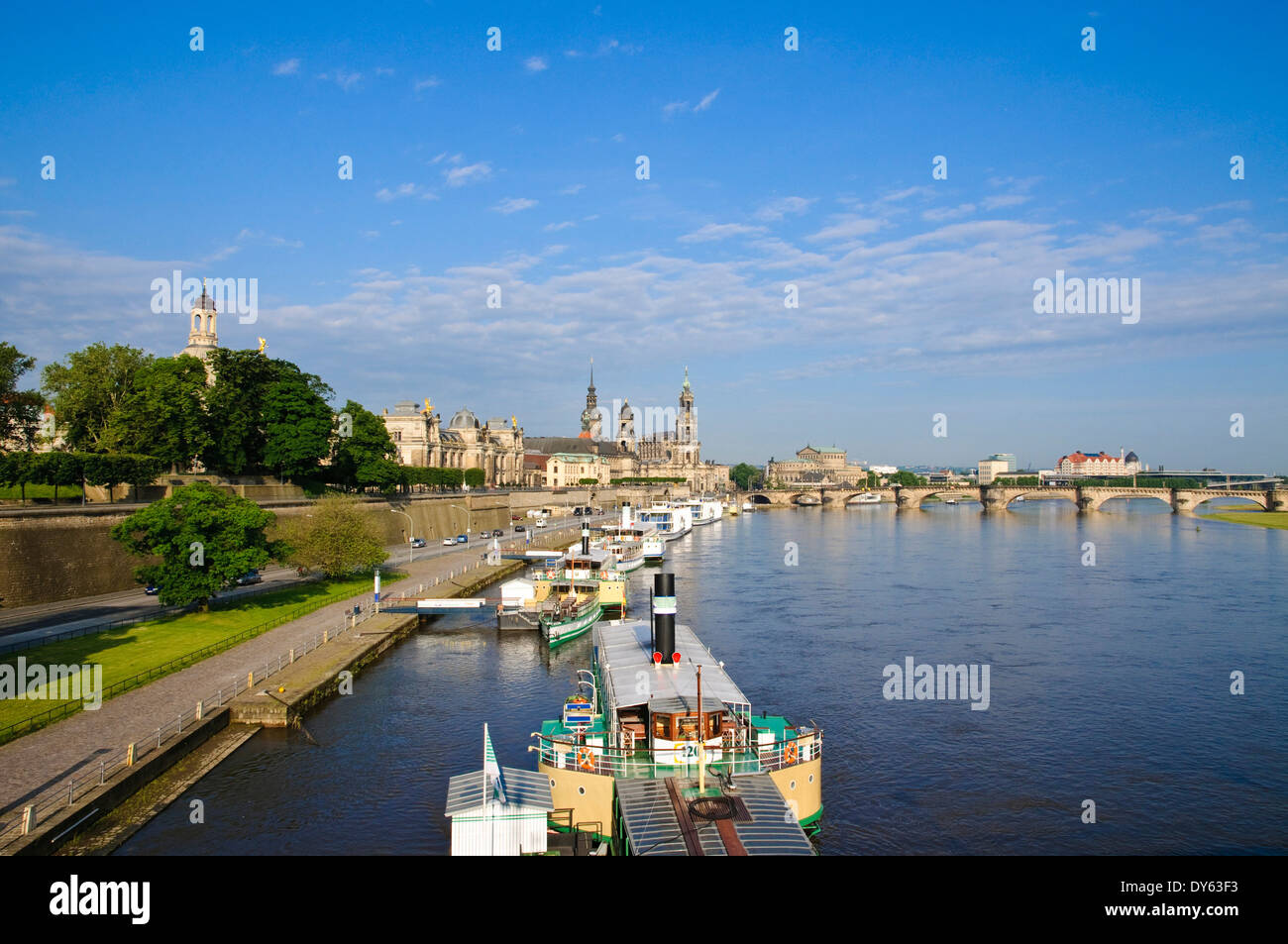 View over the river Elbe towards the barock historic city of Dresden ...