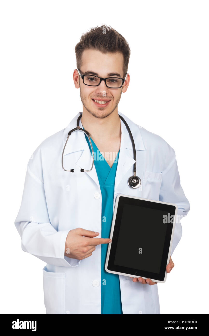 Portrait of a young male doctor(nurse, student) in lab coat pointing to ... Portrait of a young male doctor(nurse, student) in lab coat pointing to ...