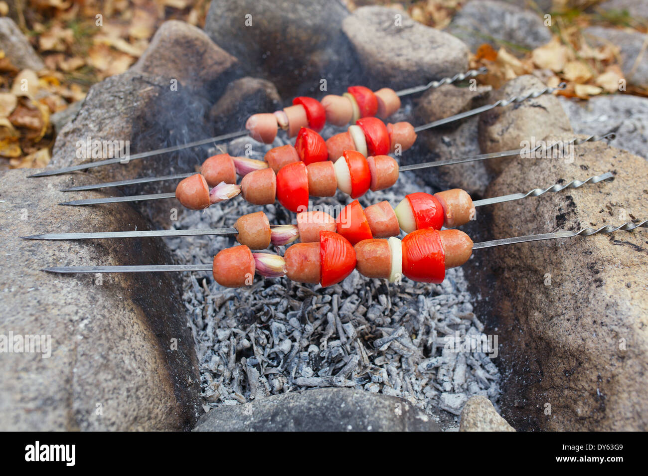 Baked red sausage with garlic, onion and tomatos on grill Stock Photo ...