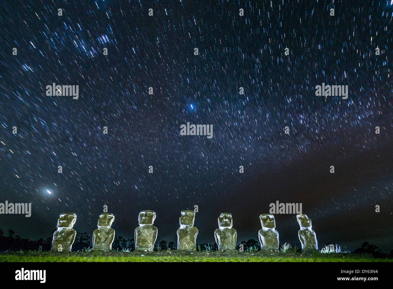 Seven Moai under the stars on a moonless night at Ahu Akivi on Easter ...