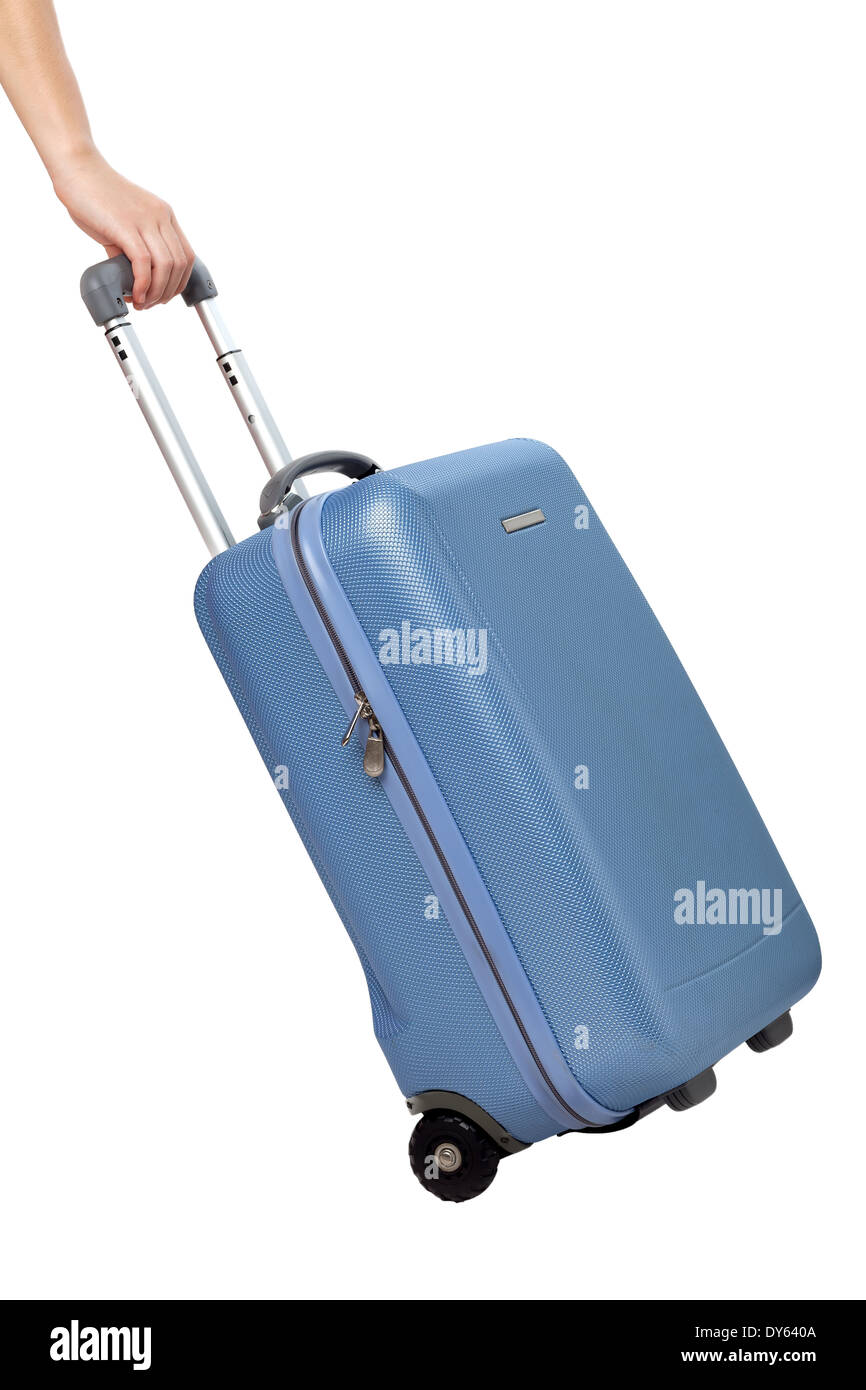 Suitcase in hand isolated on white background Stock Photo - Alamy