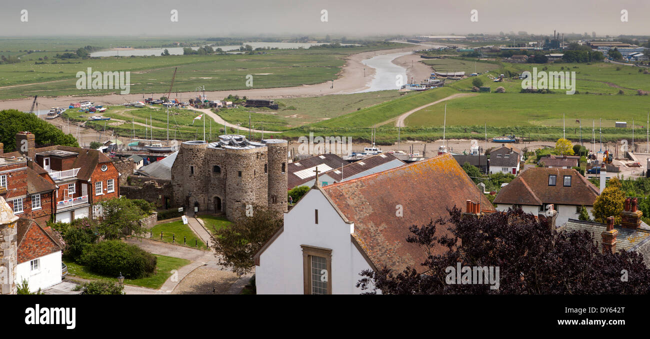 East Sussex, Rye, elevated panoramic view of River Rother and Ypres ...