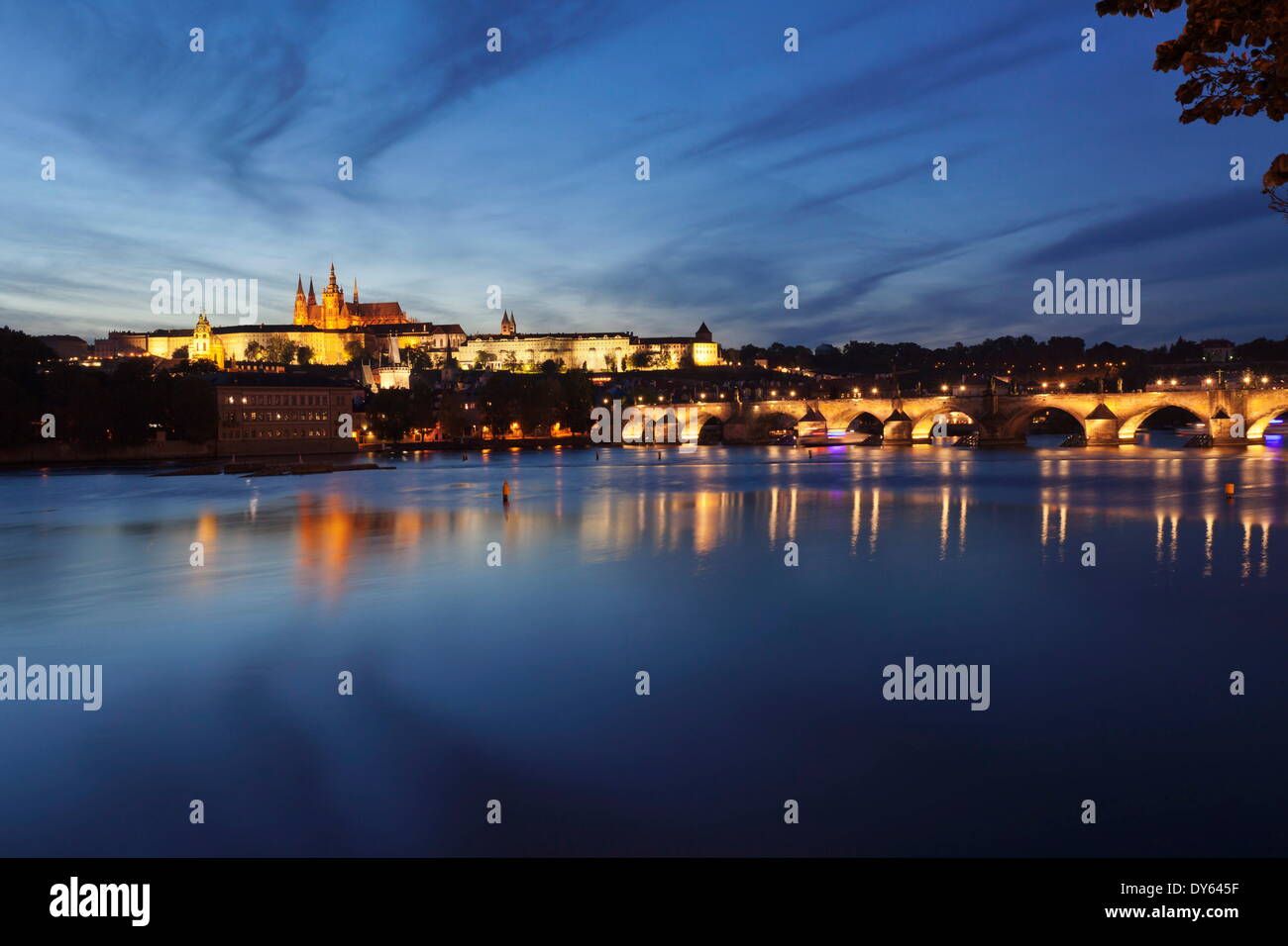 View of River Vltava to Charles Bridge and the Castle District, UNESCO Site, Prague, Bohemia ...