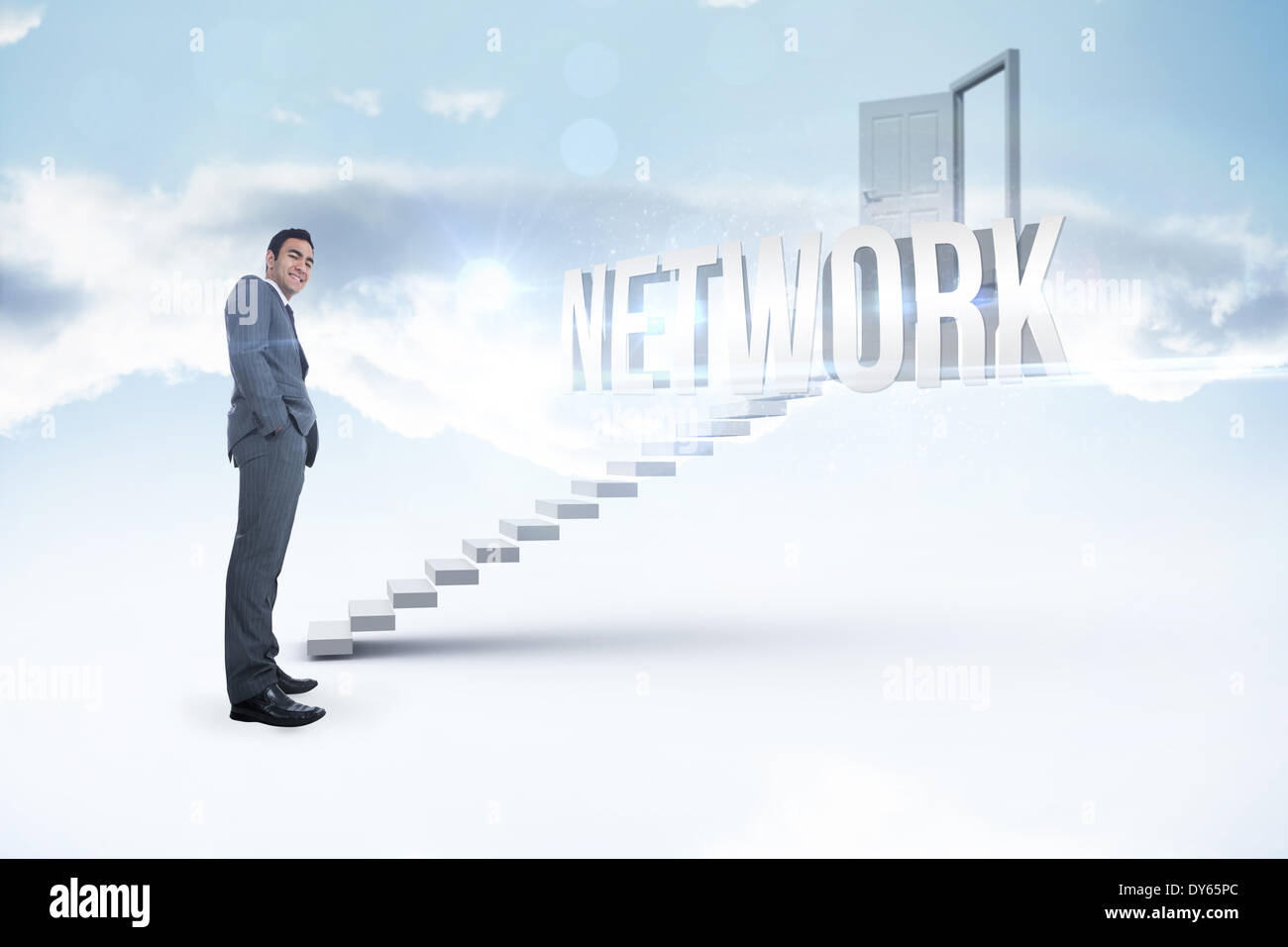 Network against white steps leading to open door Stock Photo - Alamy