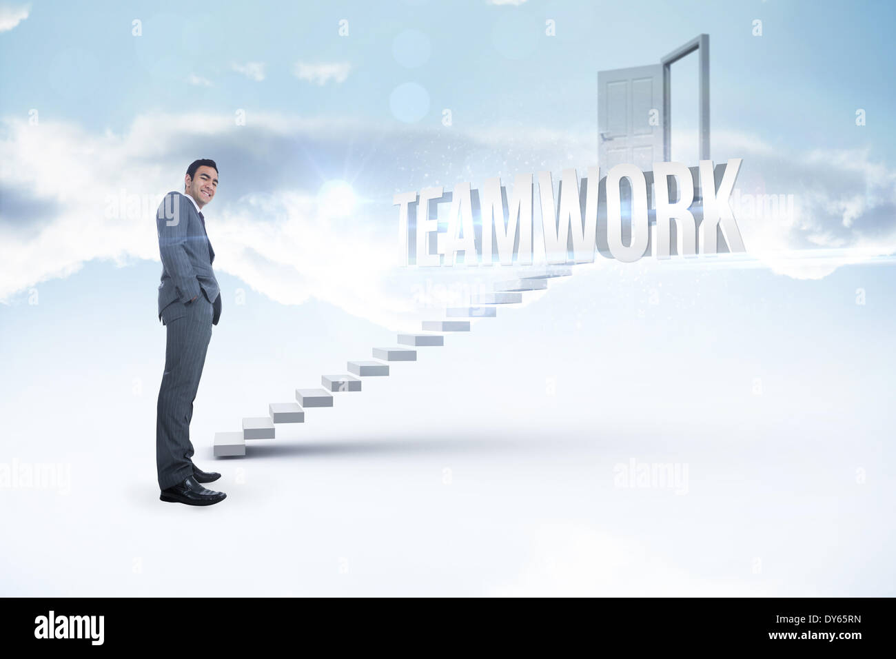 Teamwork against white steps leading to open door Stock Photo - Alamy