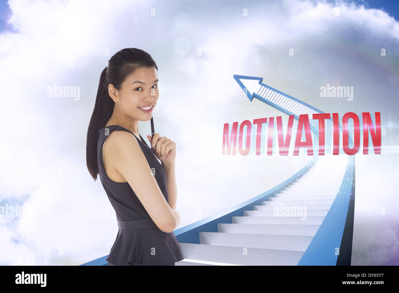 The word motivation and thoughtful businesswoman against red staircase ...
