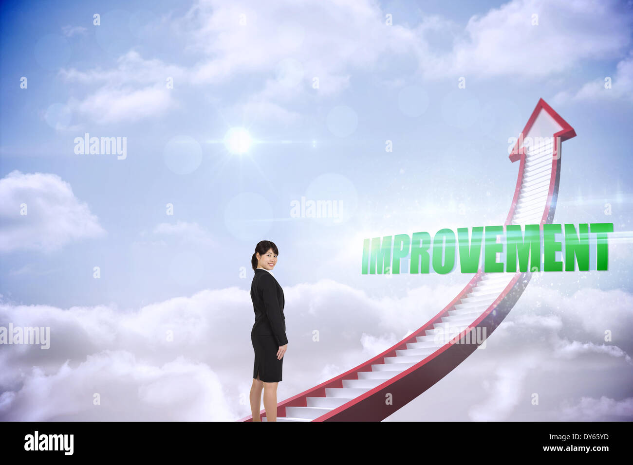 Improvement against red stairs arrow pointing up against sky Stock ...