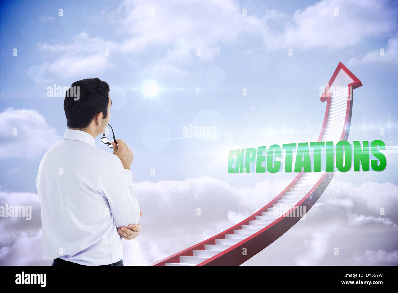 Expectations against red stairs arrow pointing up against sky Stock ...