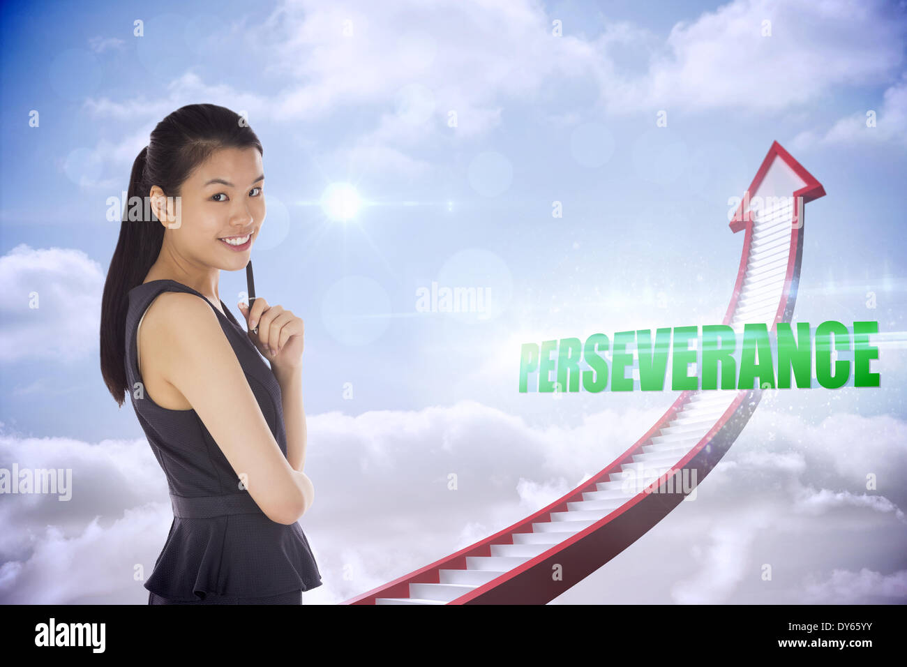 Perseverance against red stairs arrow pointing up against sky Stock ...