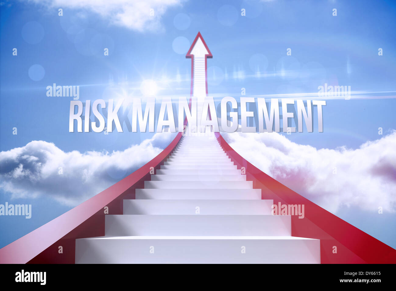Risk management against red steps arrow pointing up against sky Stock ...