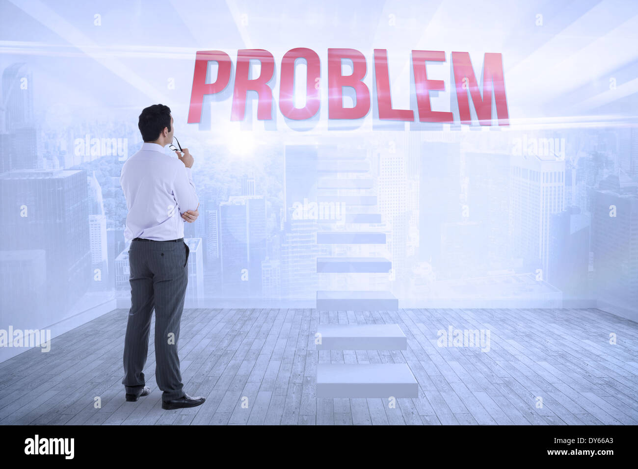 Problem against city scene in a room Stock Photo - Alamy