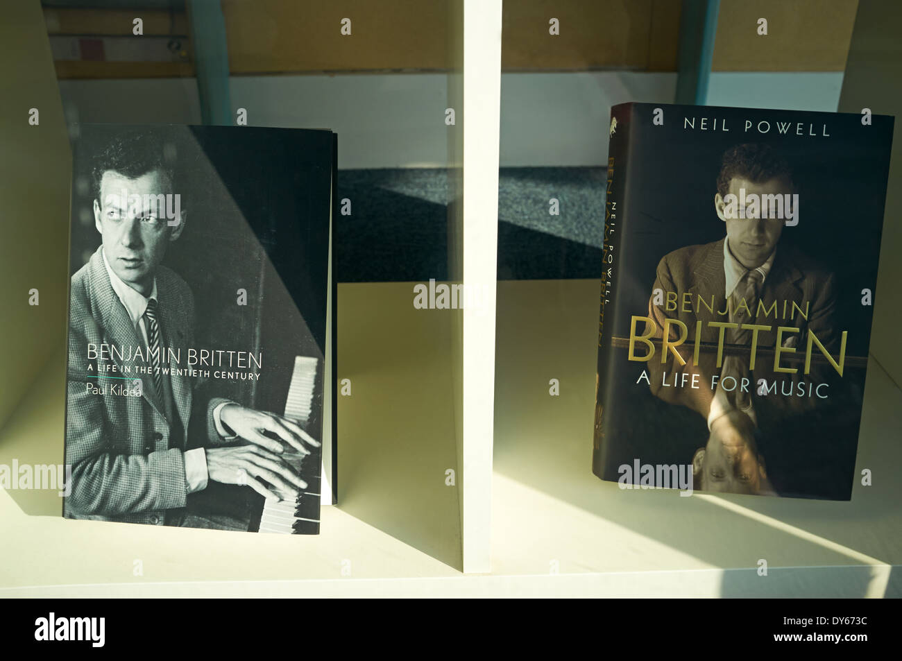 Books on the composer Benjamin Britten on display in a bookshop in his ...