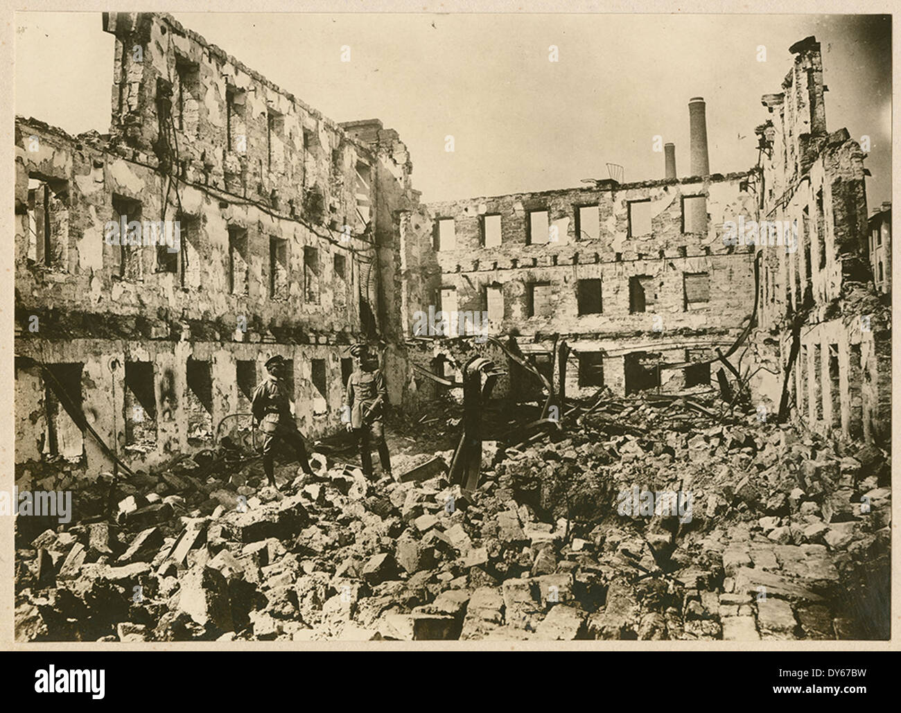 A burned-out munitions factory during World War I stands as a testament ...