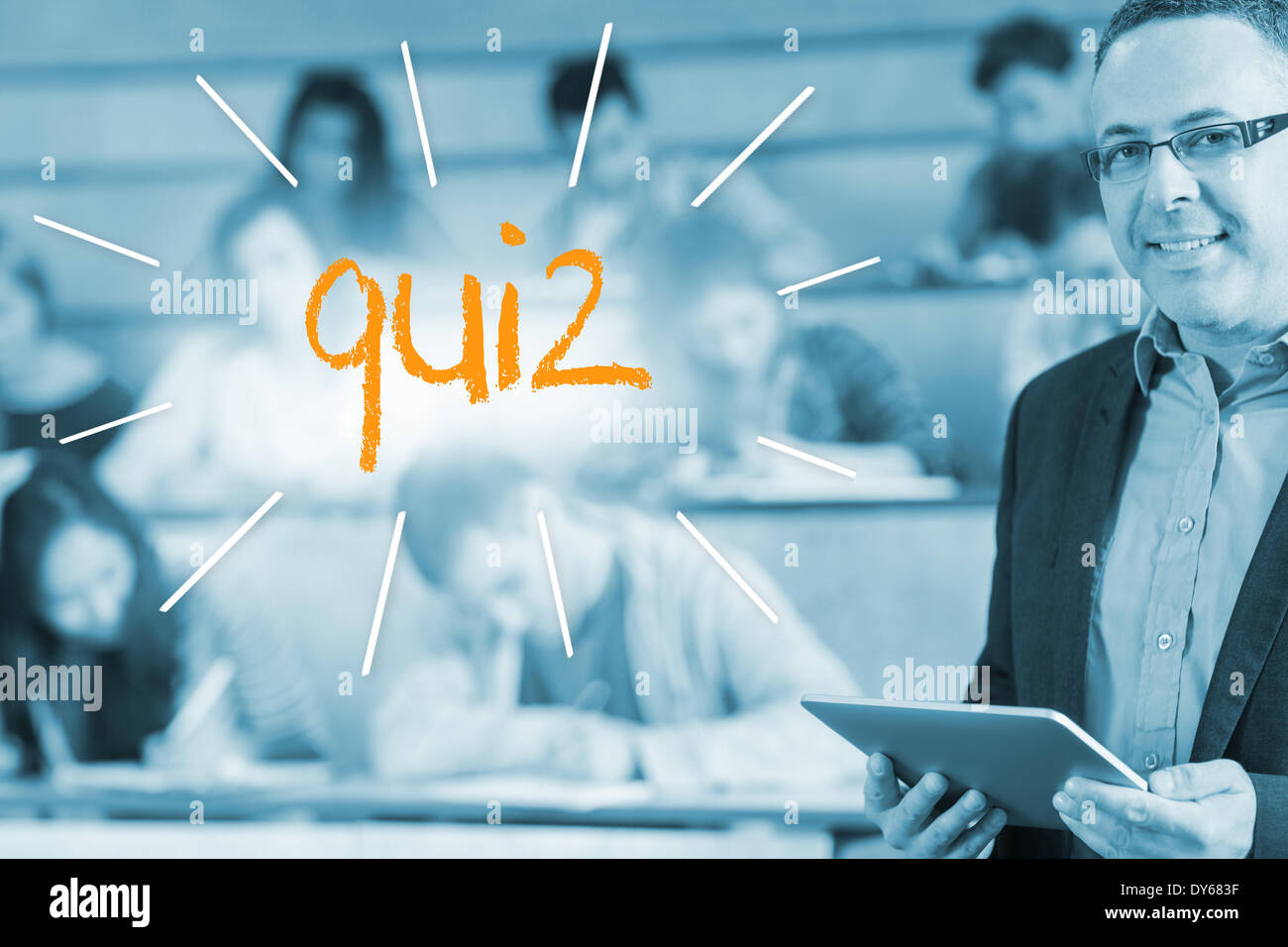 Quiz against lecturer standing in front of his class in lecture hall ...