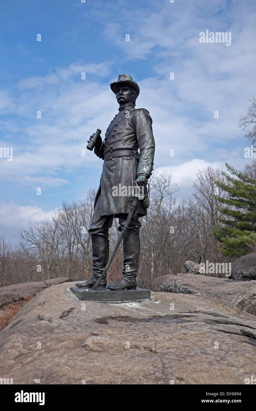 Statue of General Gouverneur K. Warren, USA, on top,of Little Round Top ...