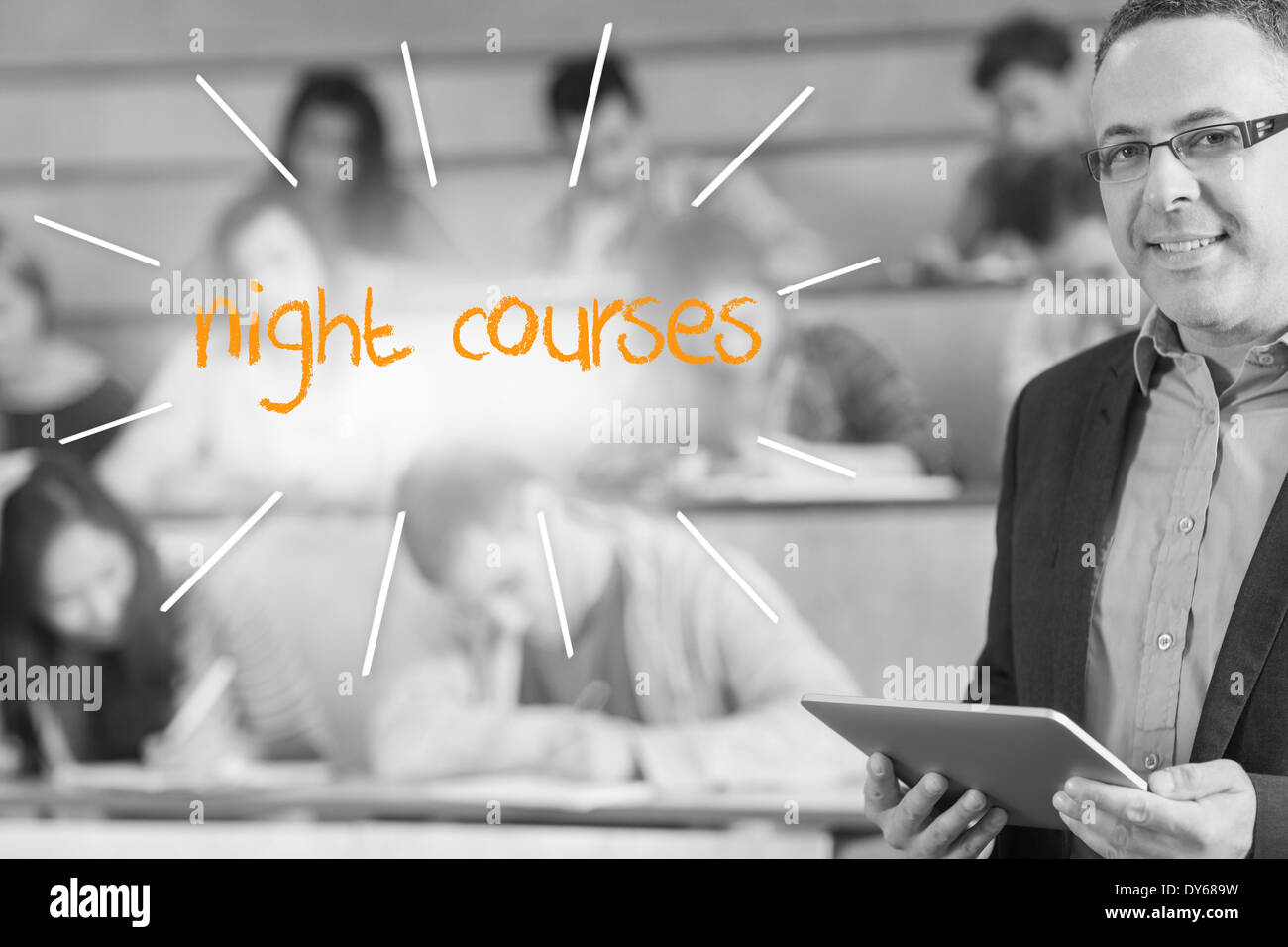 Night courses against lecturer standing in front of his class in ...