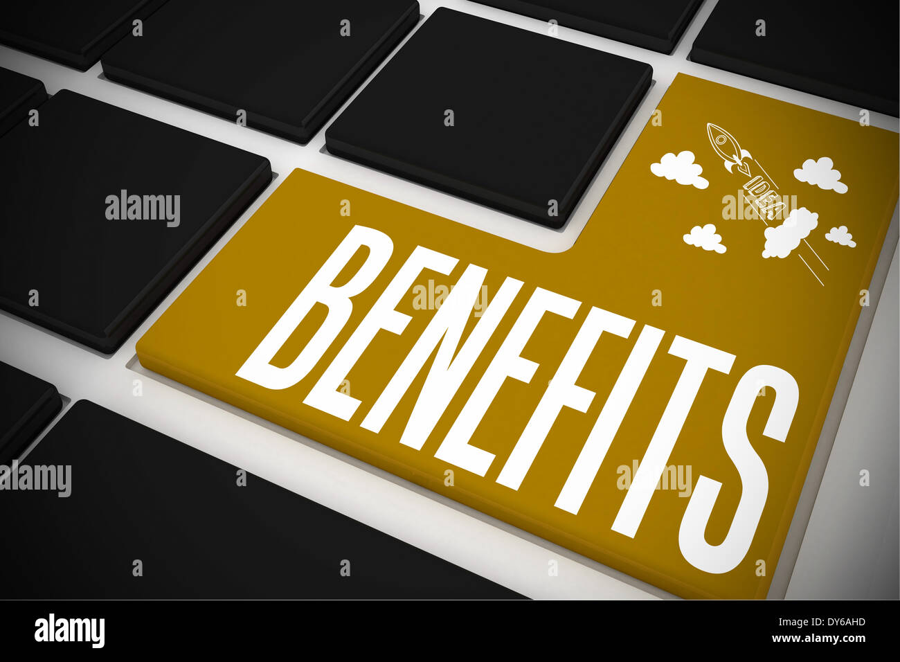 Benefits on black keyboard with yellow key Stock Photo - Alamy