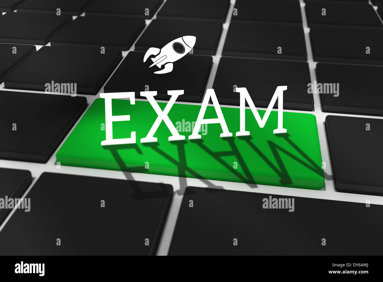 The word exam and rocket ship against black keyboard with green key ...