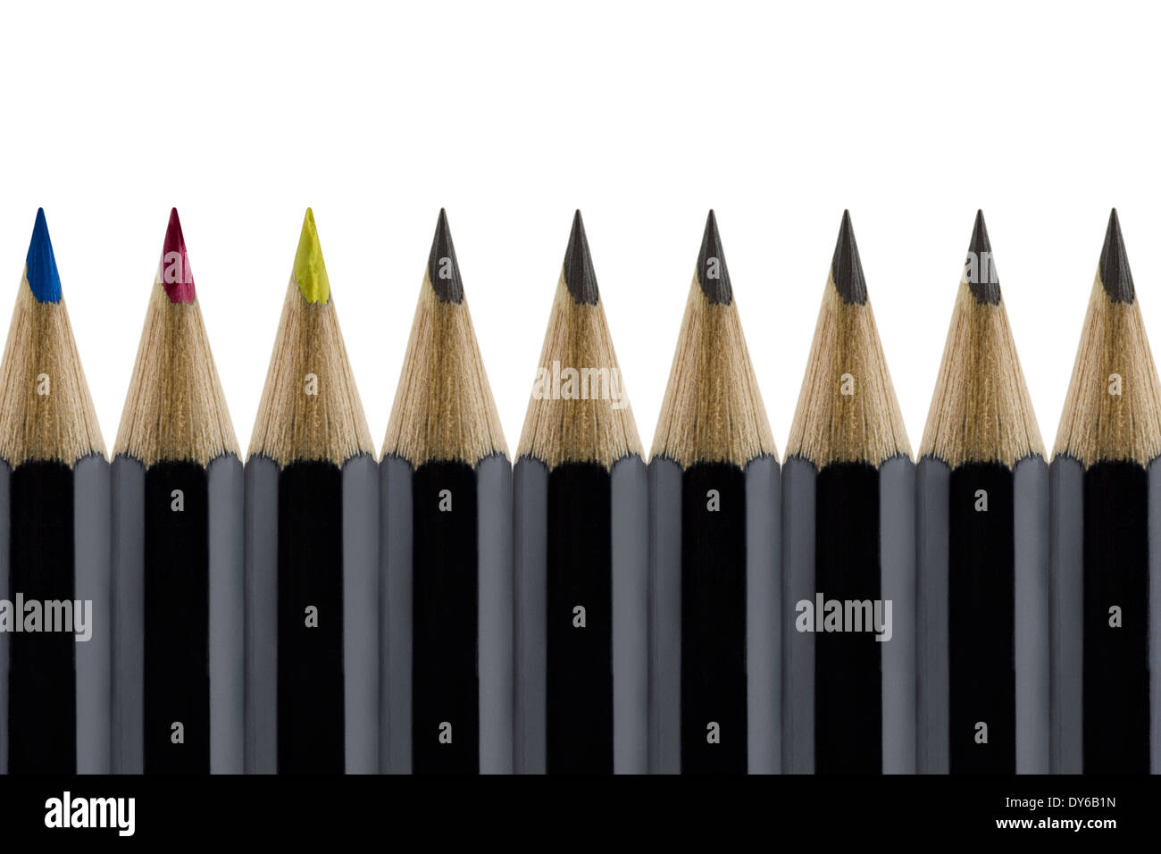 Line of black lead pencils with three colour pencils showing blue ...