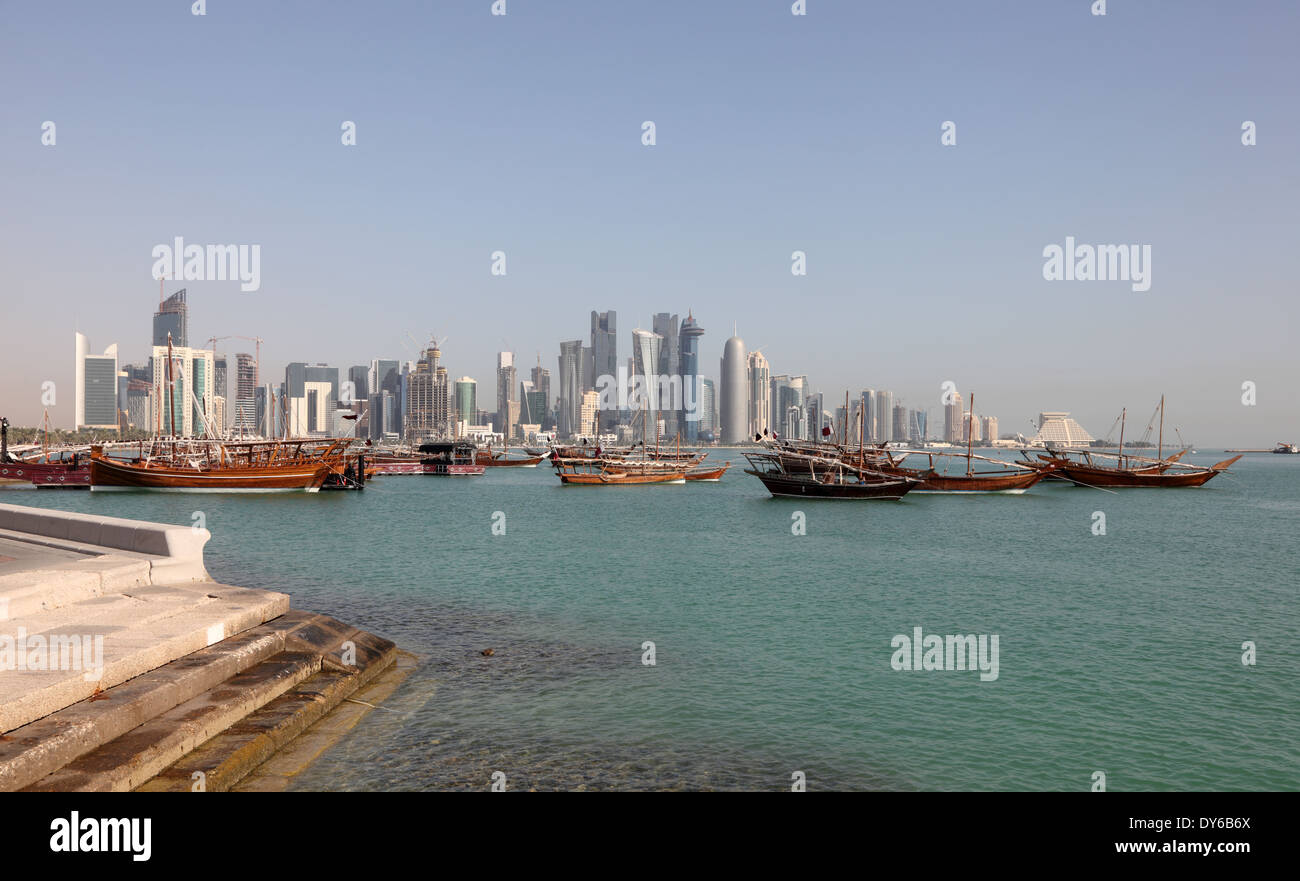 Skyline of the new Doha downtown. Dhow harbour in the foreground. Doha ...