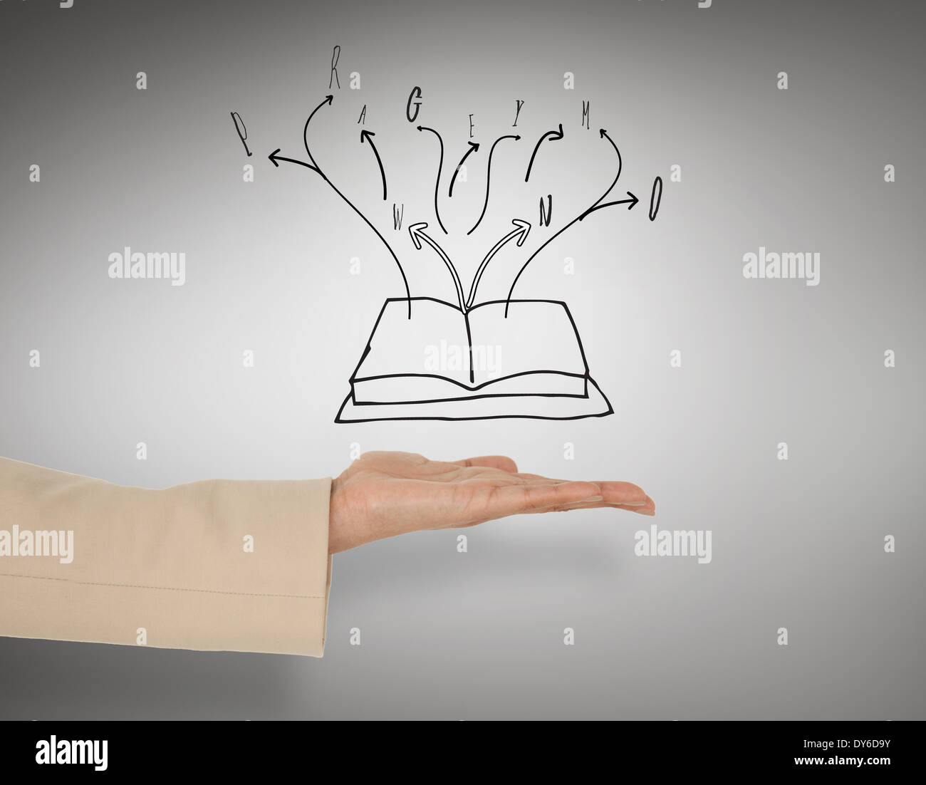 Composite image of female hand presenting open book Stock Photo - Alamy