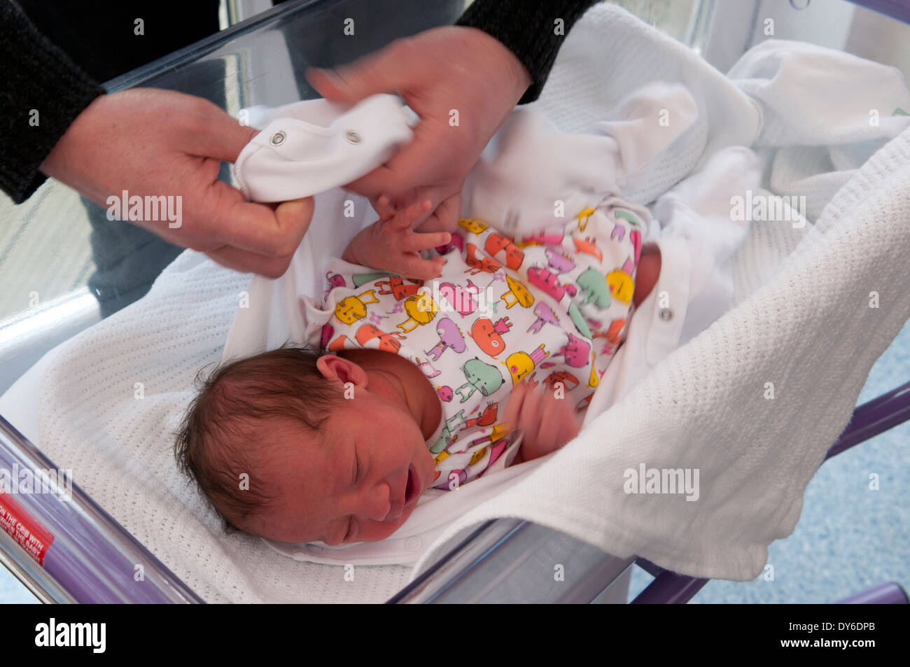 Newborn baby girl being dressed for the first time by her father Stock ...