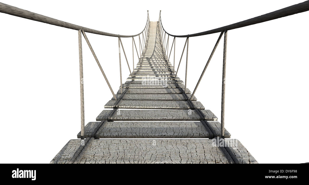 A rope bridge made of wooden planks held together by rope and secured ...