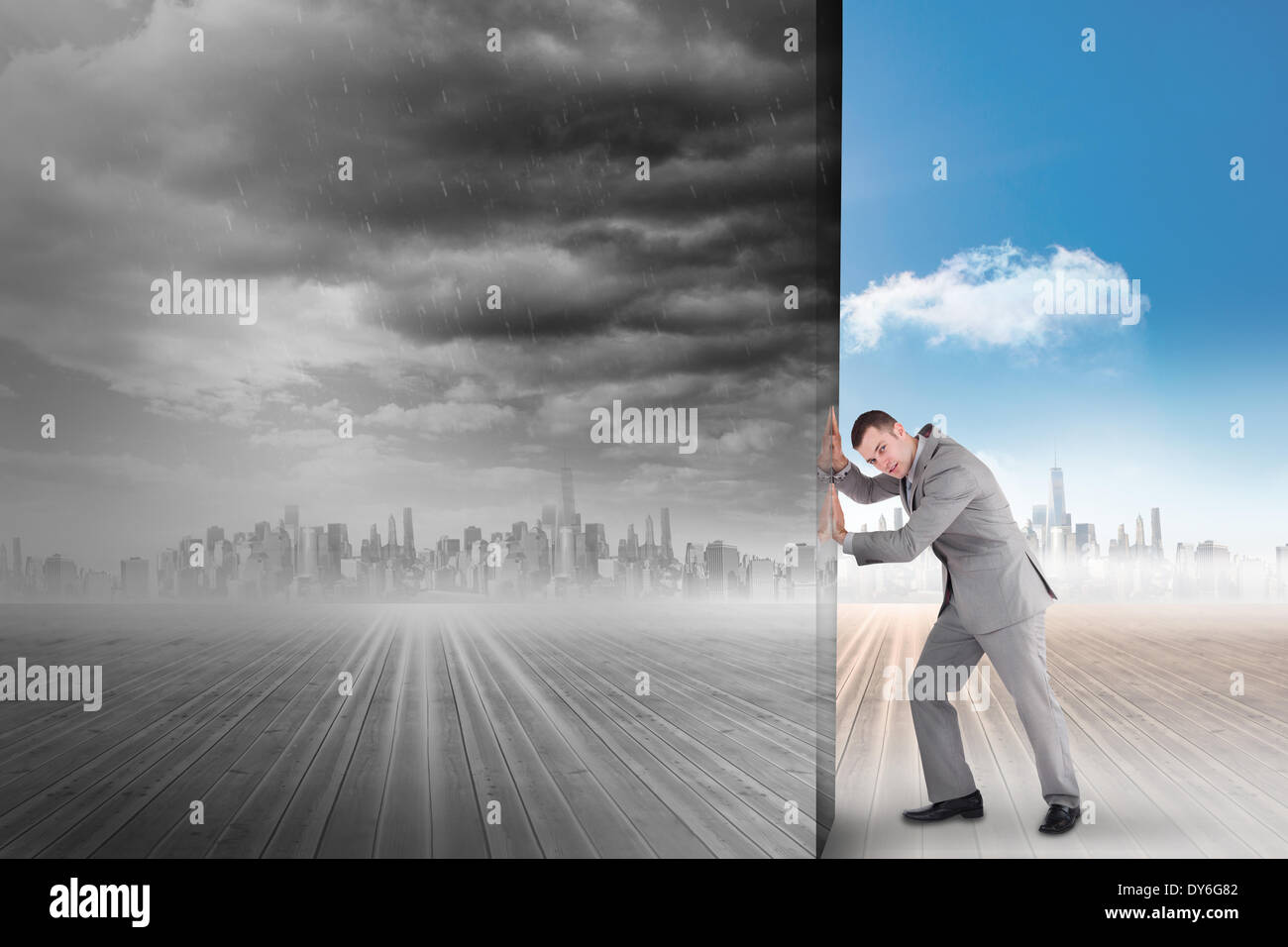 Composite image of businessman pushing away scene of dark gothic scene ...