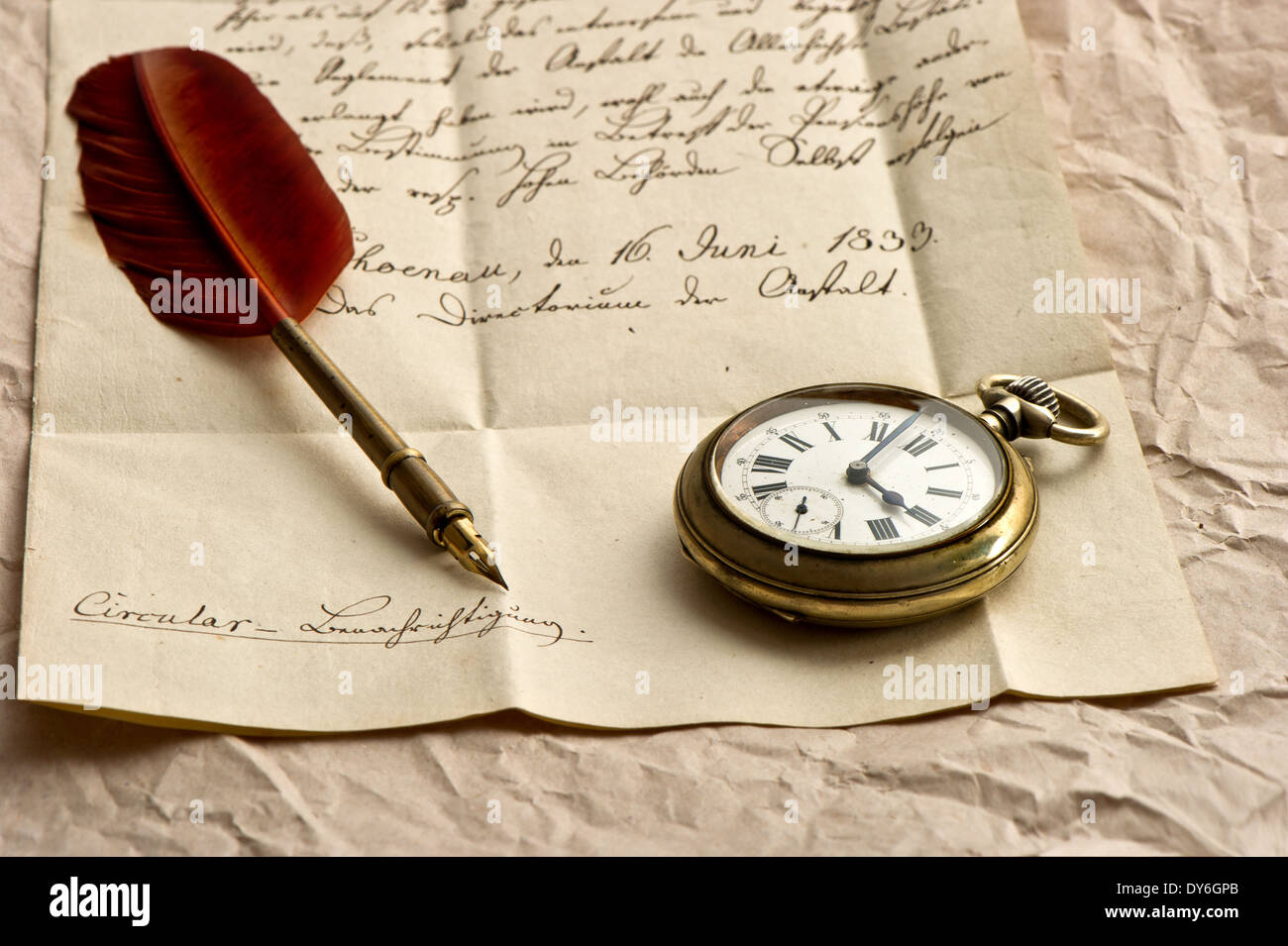 old letter with clock, feather quill and wax seal. vintage background ...
