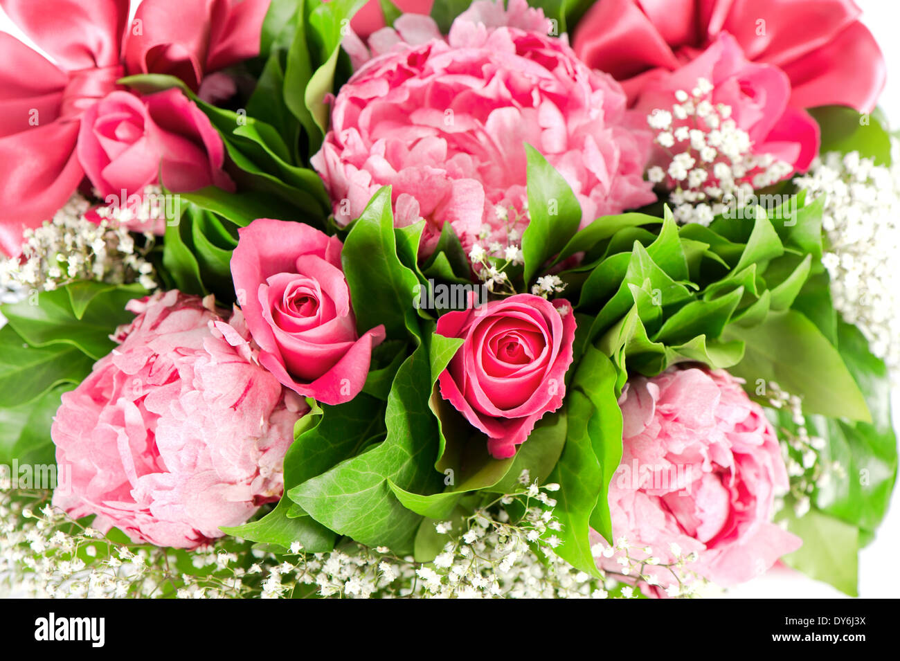 bouquet of pink roses and peony flowers. festive arrangement Stock ...