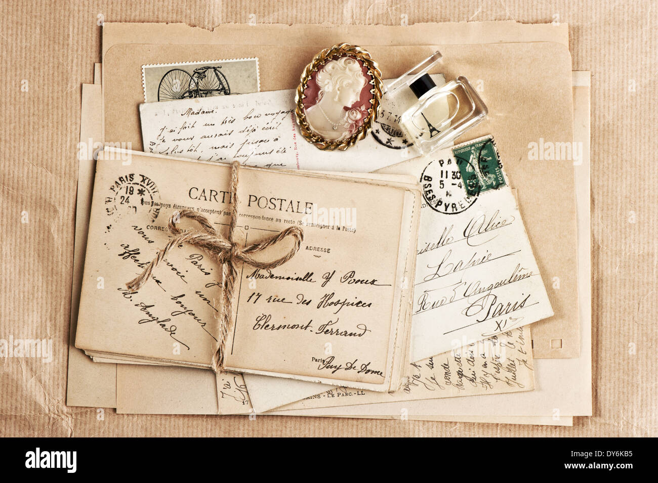 old french post cards and accessory. vintage background Stock Photo - Alamy