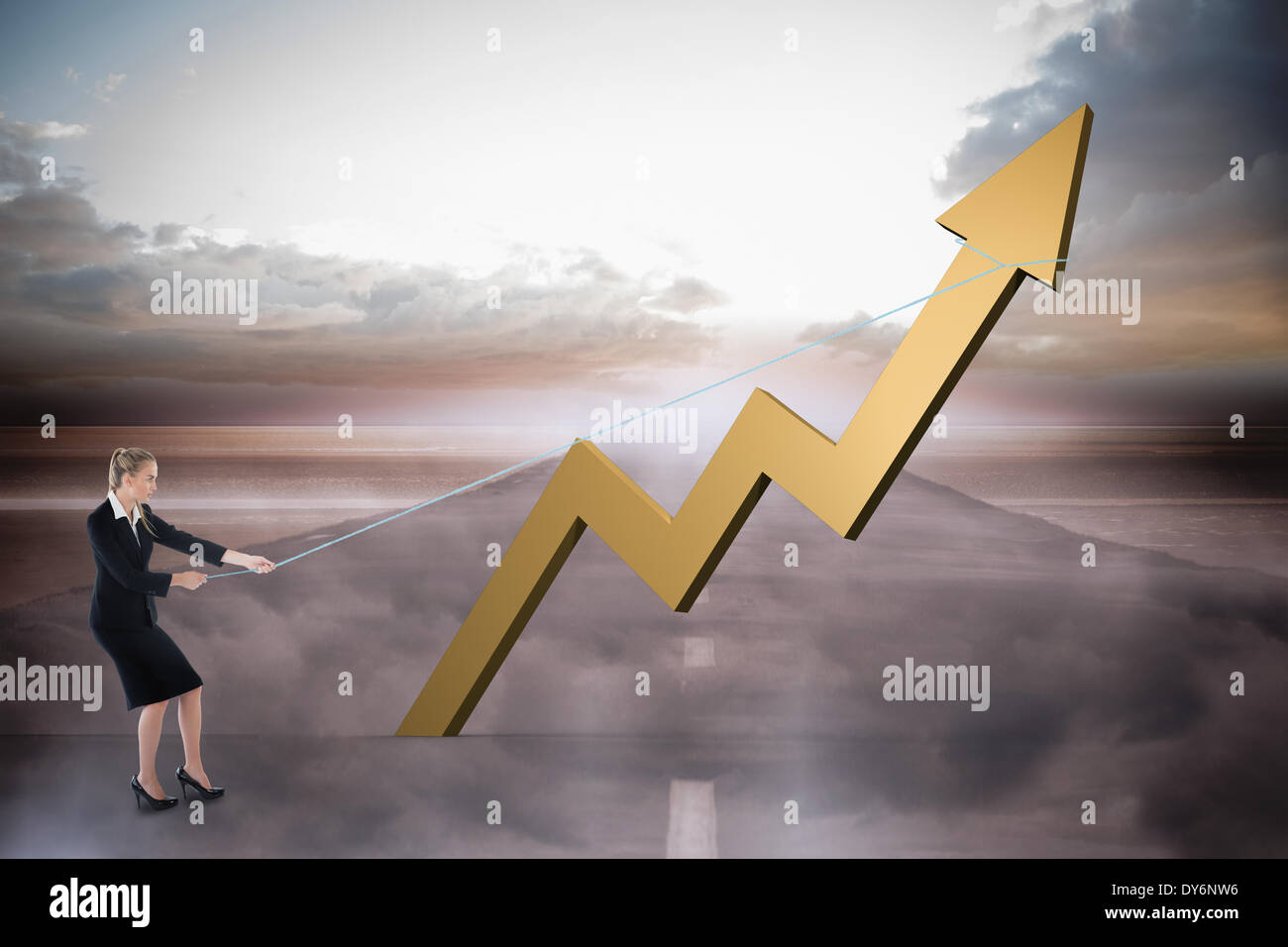 Composite image of businesswoman pulling a rope around arrow Stock ...