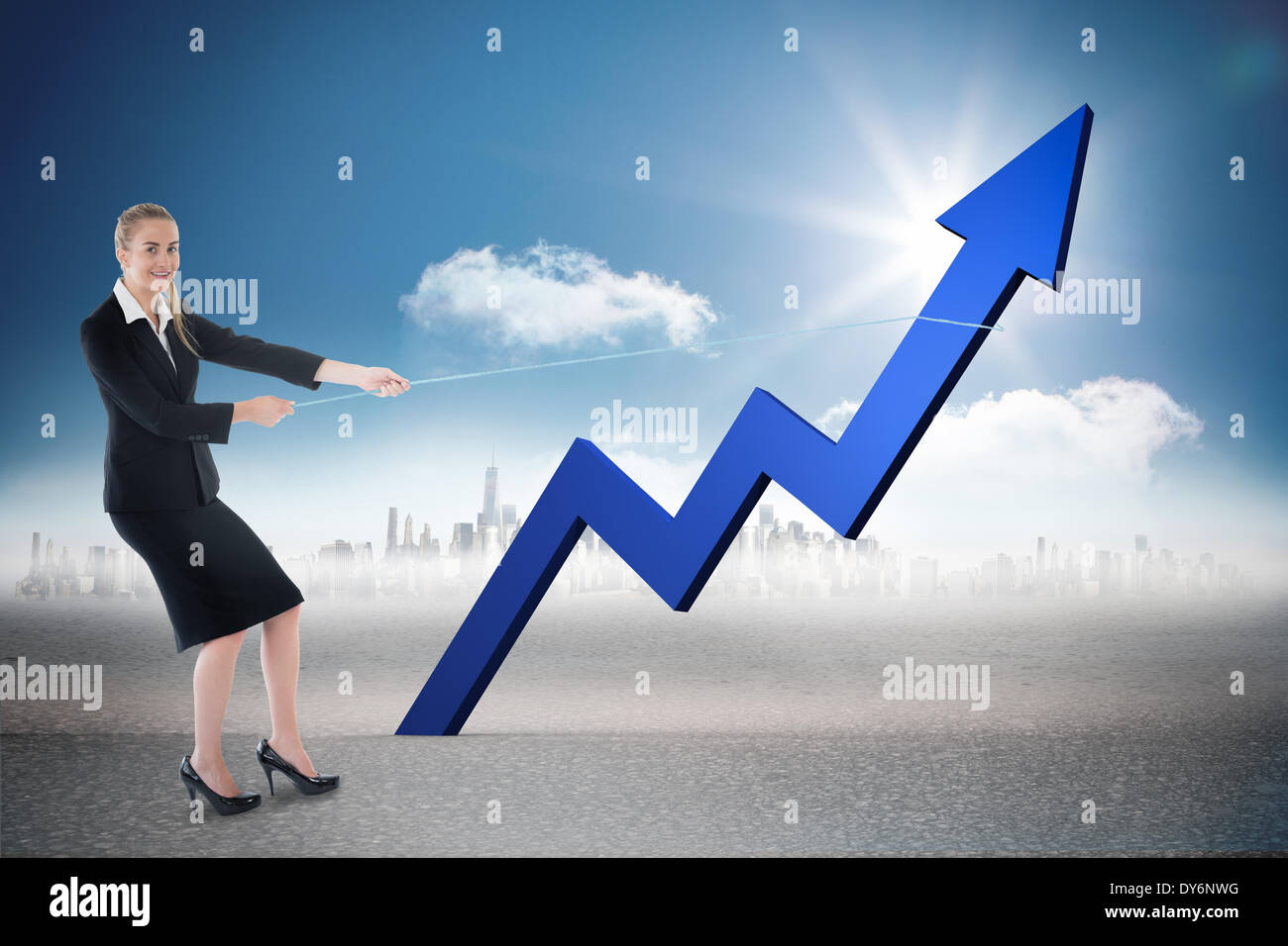 Composite image of businesswoman pulling a rope around arrow Stock ...