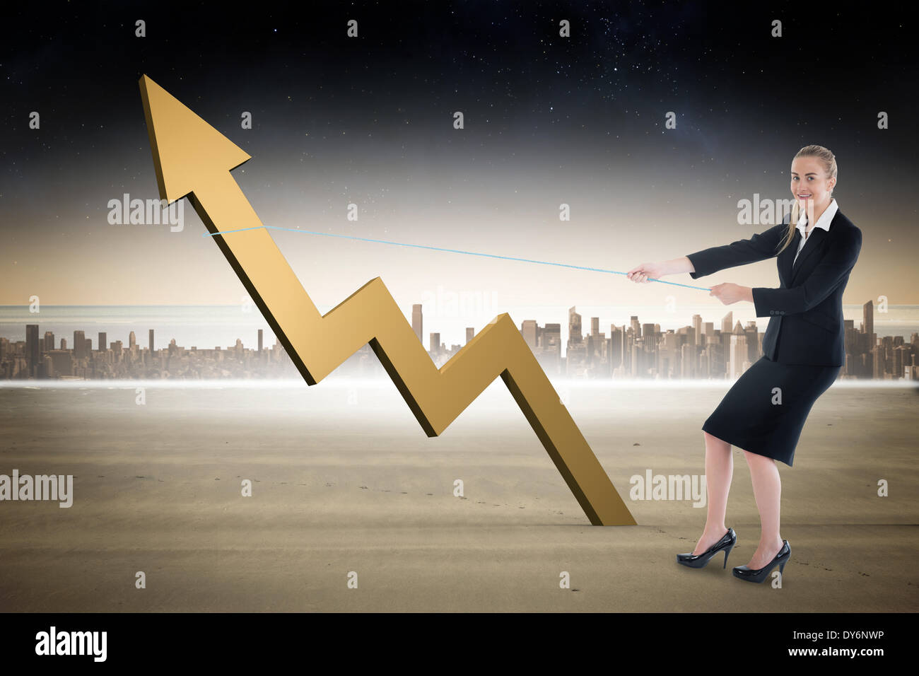 Composite image of businesswoman pulling a rope around arrow Stock ...