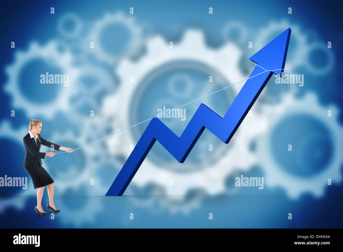 Composite image of businesswoman pulling a rope around arrow Stock ...