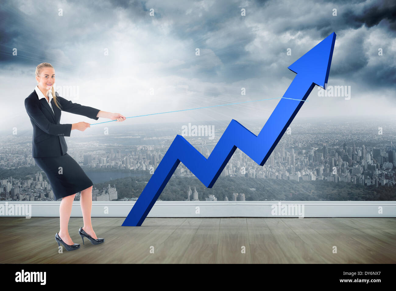 Composite image of businesswoman pulling a rope around arrow Stock ...