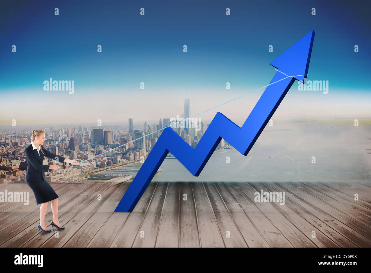 Composite image of businesswoman pulling a rope around arrow Stock ...