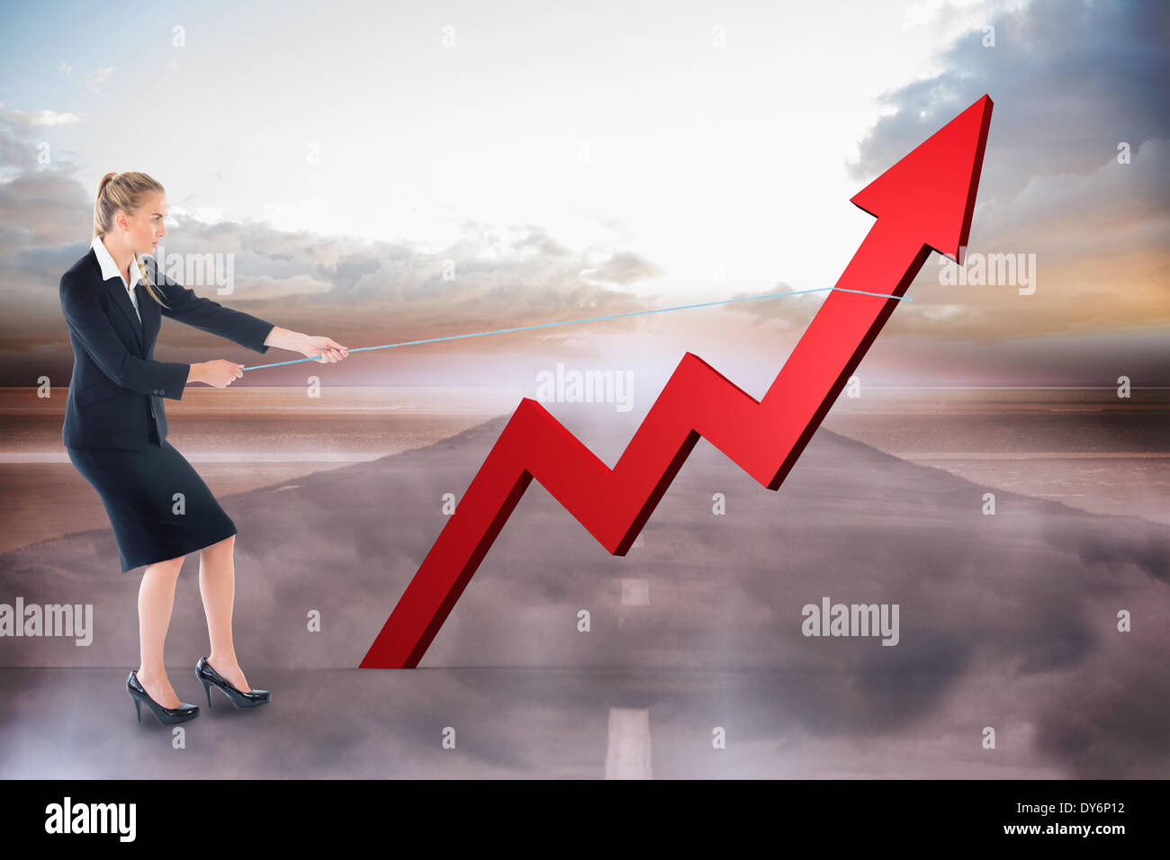 Composite image of businesswoman pulling a rope around arrow Stock ...