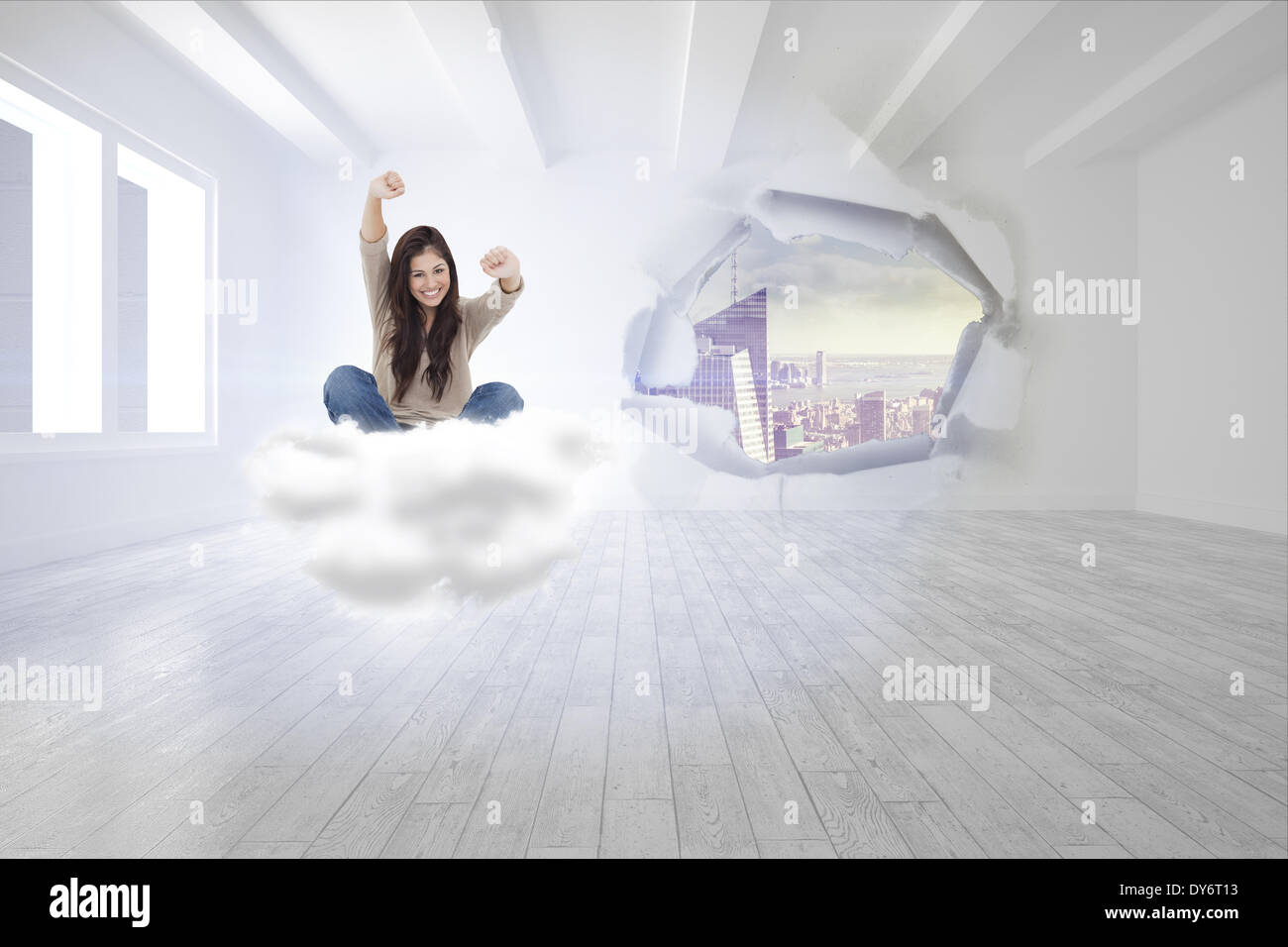 Composite image of woman looks straight ahead as she celebrates in ...